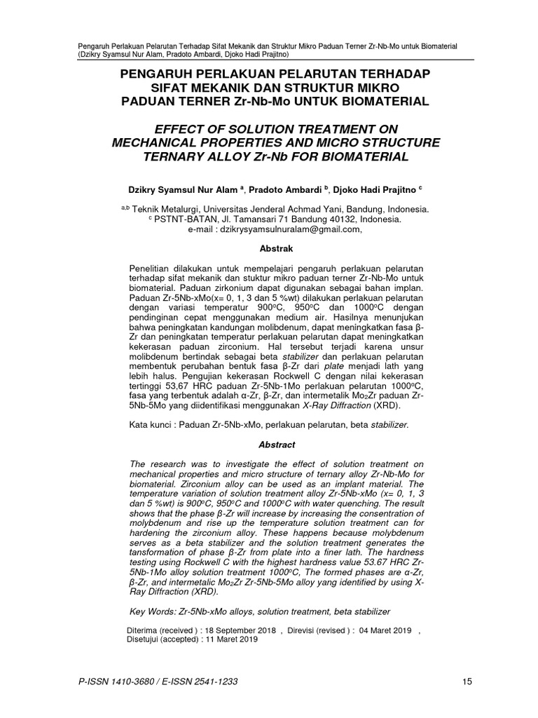 Pengaruh Perlakuan Pelarutan pada Paduan Zr-Nb-Mo | PDF