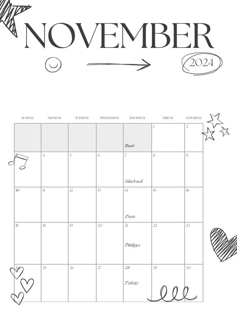 Black and White Simple Cute Doodle Style 2024 Monthly Planner | PDF