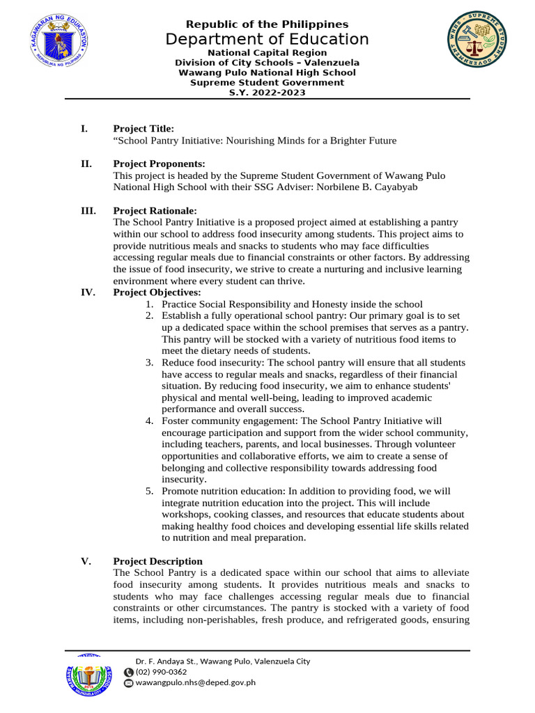 SSG School Pantry Project Proposal | PDF | Food Security