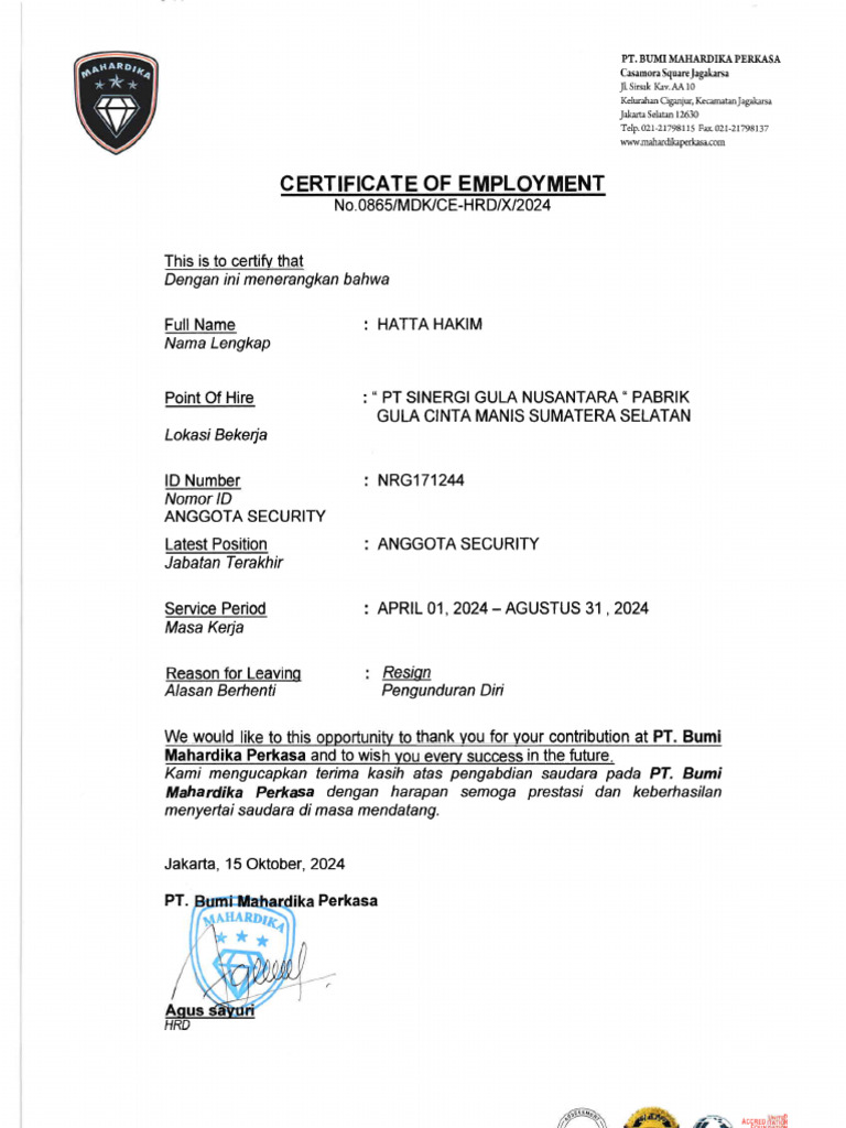 Contoh Surat Paklaring Karyawan | PDF