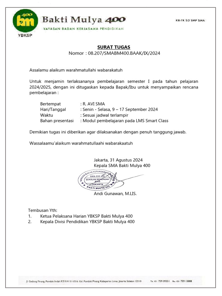 2024 Surat Tugas Presentasi Modul LMS Smart Class - SMABM 400 - Semester Ganjil | PDF