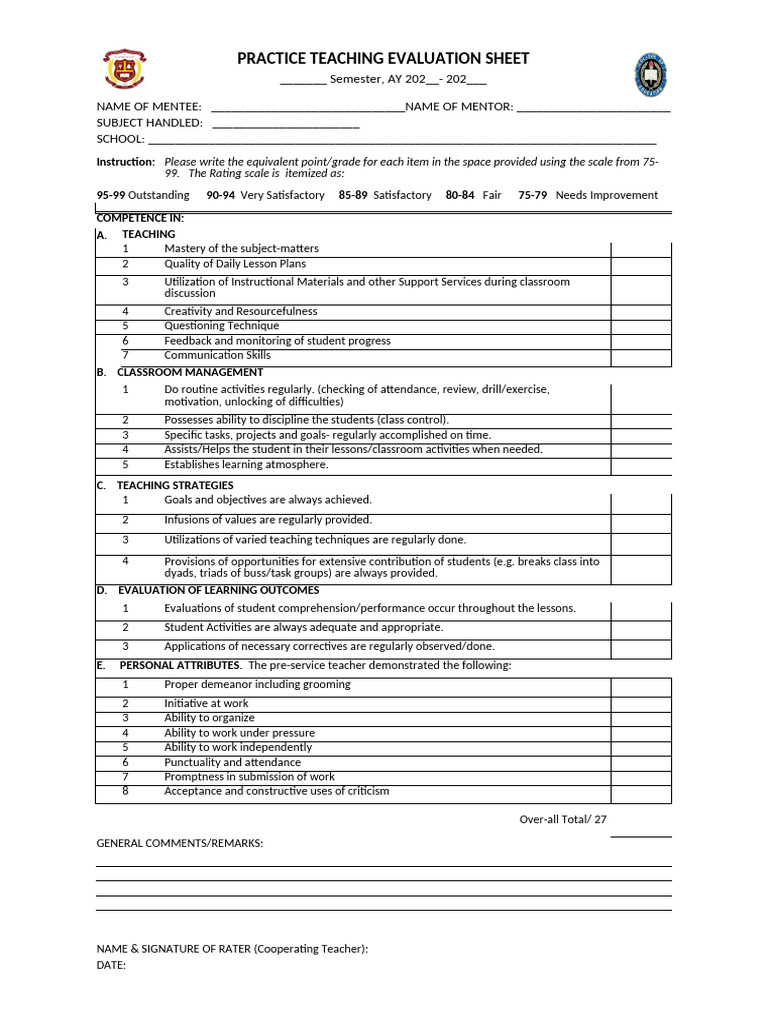 Practice Teaching Evaluation Sheet | PDF | Teachers | Mentorship