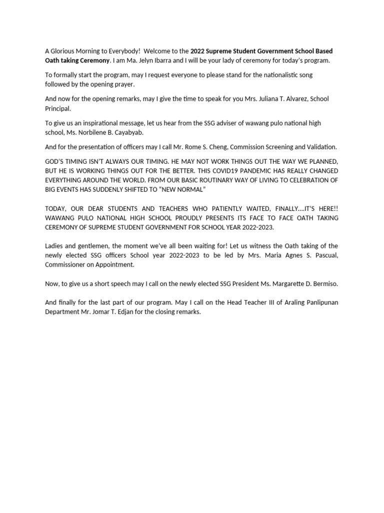 SSG Oath Taking Emcee Script | PDF | Wellness | Lifestyle