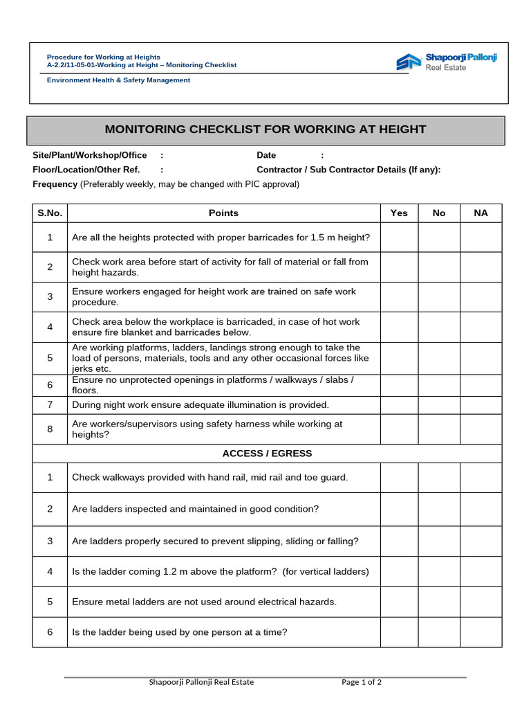 Working at Heights Safety Checklist | PDF | Working Conditions ...