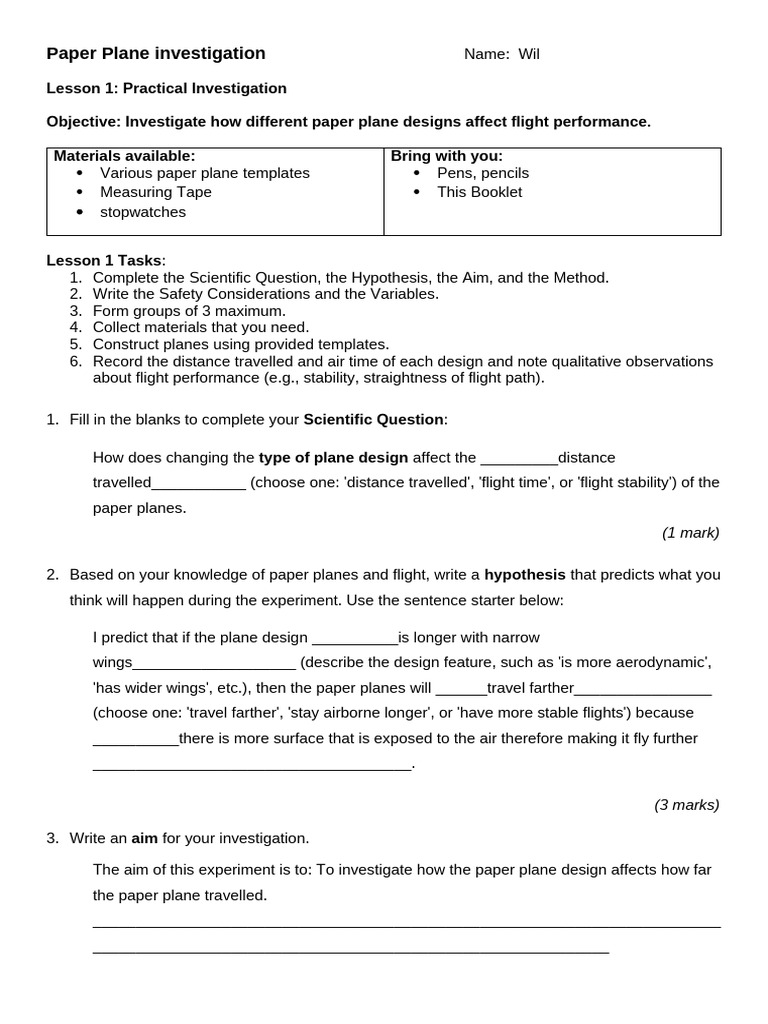 1 - Paper Plane Prac Paper Proforma - New-976934898 | PDF | Experiment ...