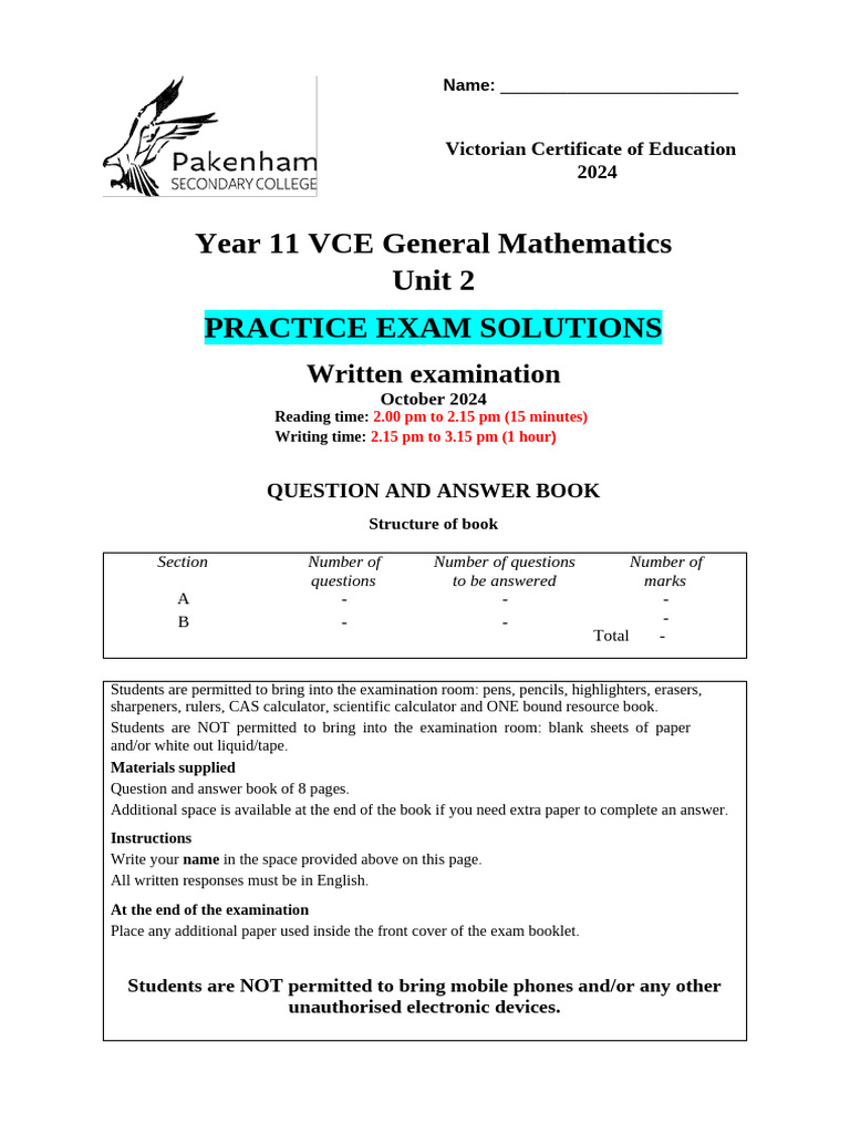 VCE 2024 Year 11 General Math Exam Solutions | PDF | Vertex (Graph ...
