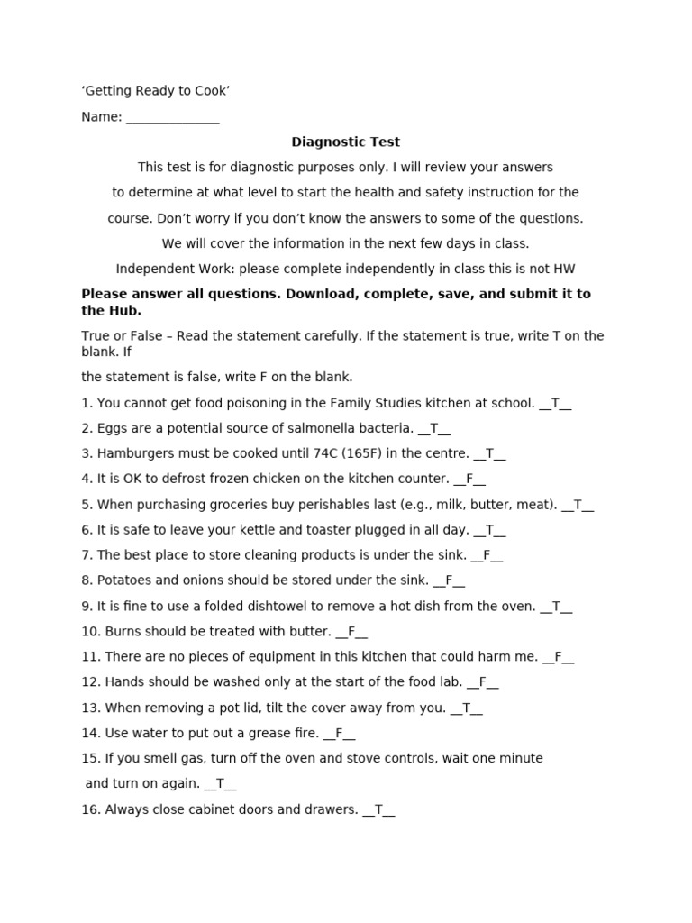 Getting Ready To Cook Diagnostic Test Module 5 Sept 9 in Class HFN10 ...
