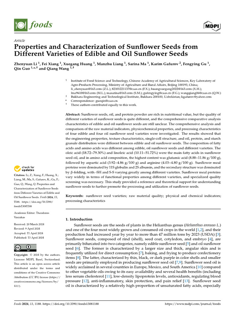 Properties and Characterization of Sunflower Seeds | PDF | Wellness ...