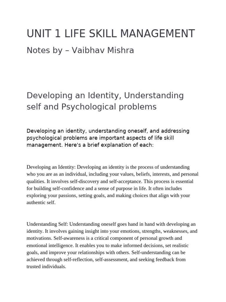 Unit 1 Life Skill Management | PDF | Obsessive–Compulsive Disorder ...