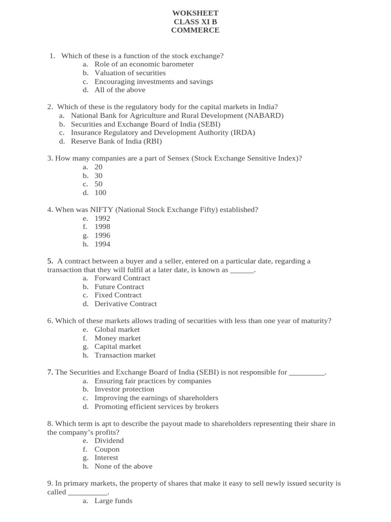 Worksheet Class Xi Comm - 2 | PDF | Stock Exchange | Stocks