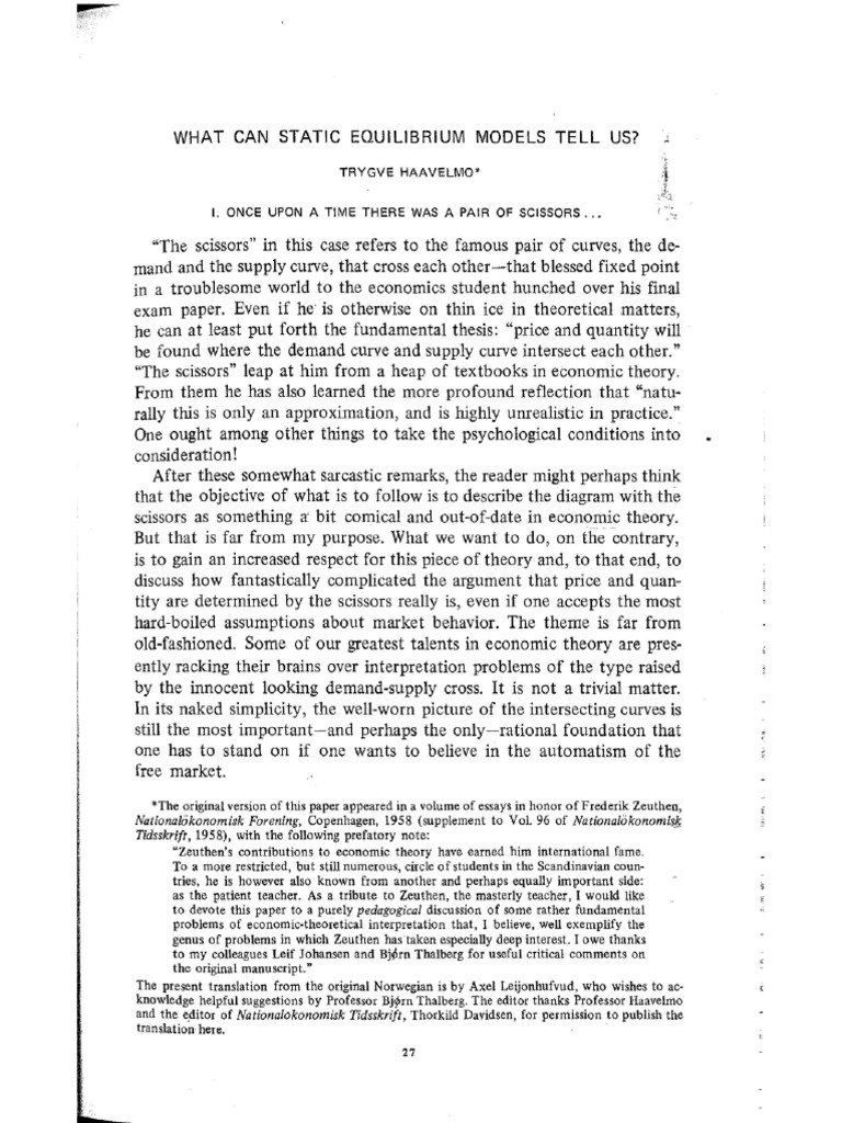 Haavelmo, 1974, What Can Static Equilibrium Models Tell Us | PDF