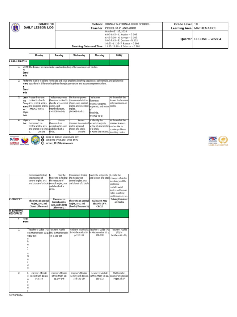 Grade 10 Daily Lesson Log School Grade Level Teacher Learning Area | PDF | Circle ...