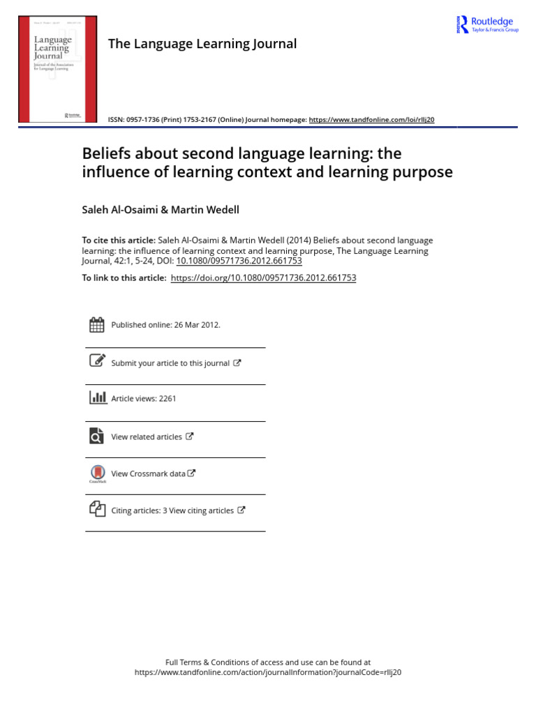 Beliefs About Second Language Learning The Influence of Learning Context and Learning Purpose ...