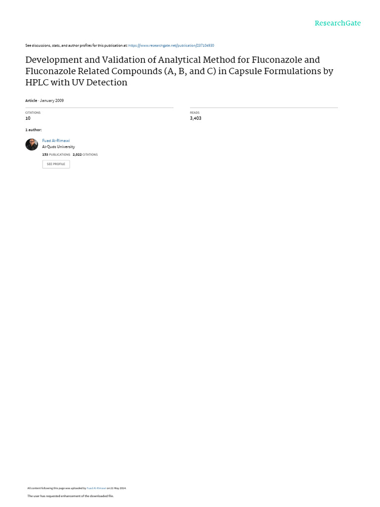 Fluconazole HPLC Method Validation | PDF | Detection Limit | High ...