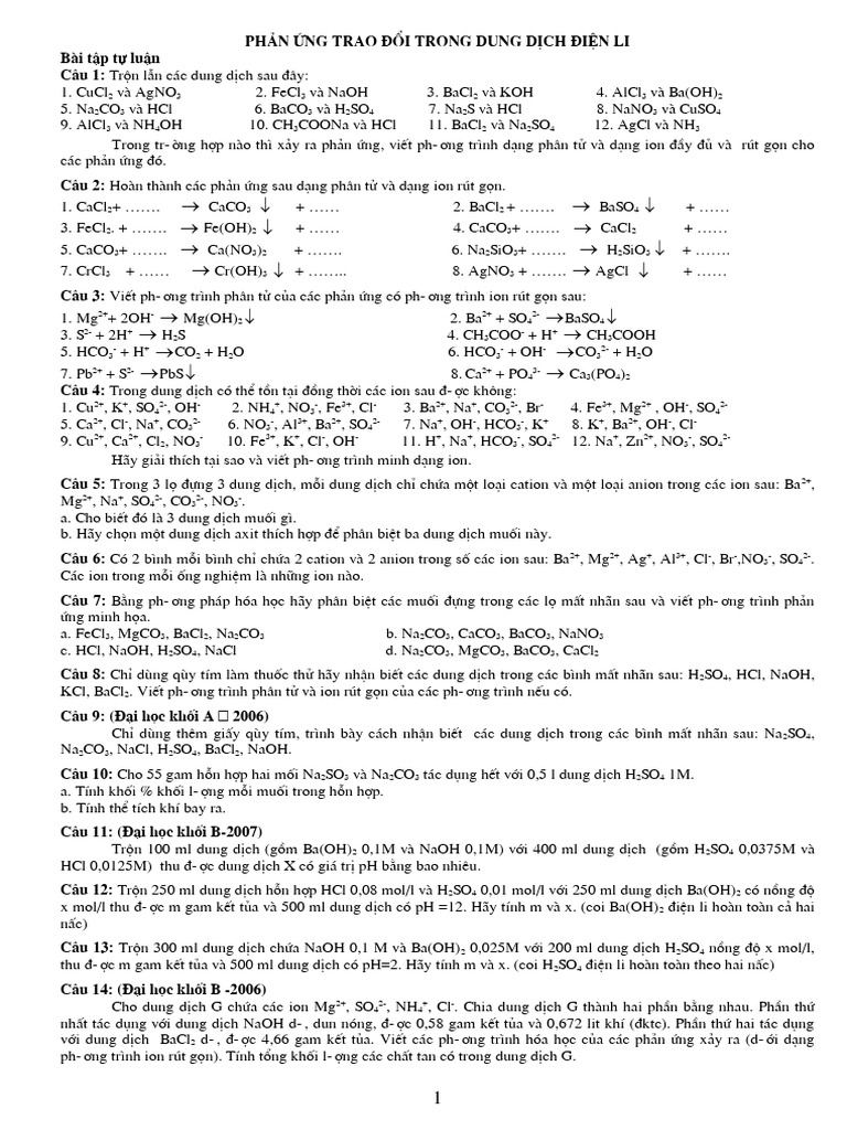 Bai Tap Hoa Hoc Chuyen de Phan Ung Xay Ra Trong Dung Dich Hay Nhat | PDF