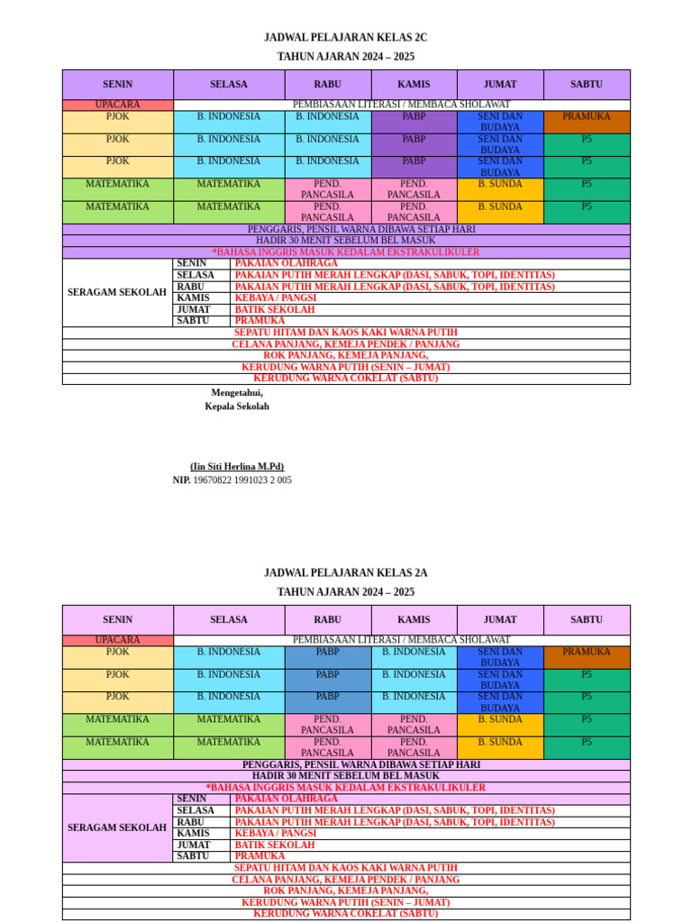 Jadwal Pelajaran Kelas 2C | PDF