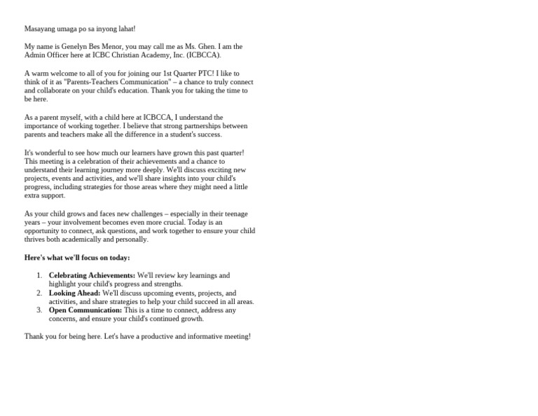 Opening Remarks For Parents Meeting Sample | PDF