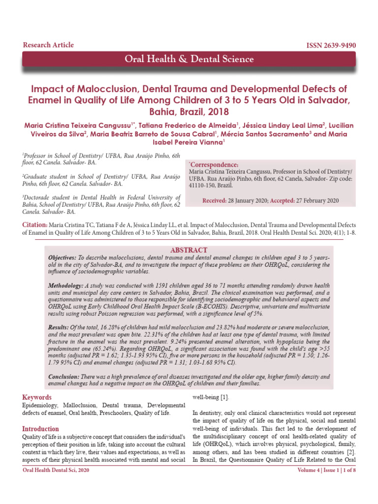 Impact of Malocclusion Dental Trauma and Developmental Defects of ...