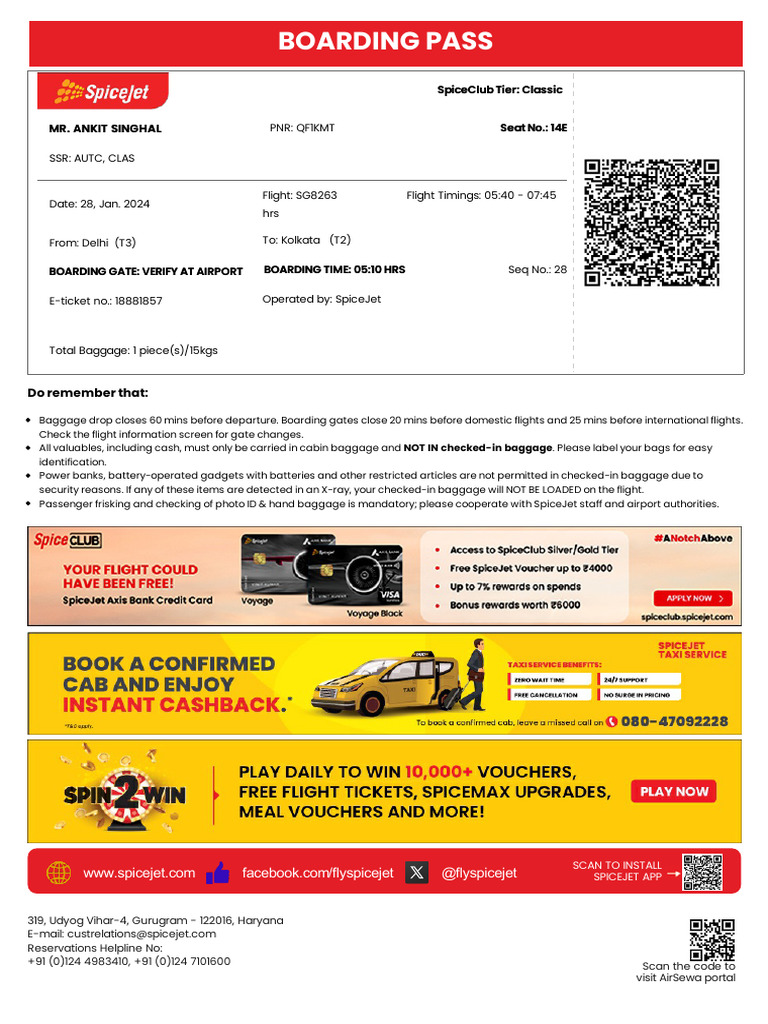 Print Boarding Pass PNR QF1KMT 28 Jan 2024 Delhi To Kolkata For MR. ANKIT SINGHAL | PDF