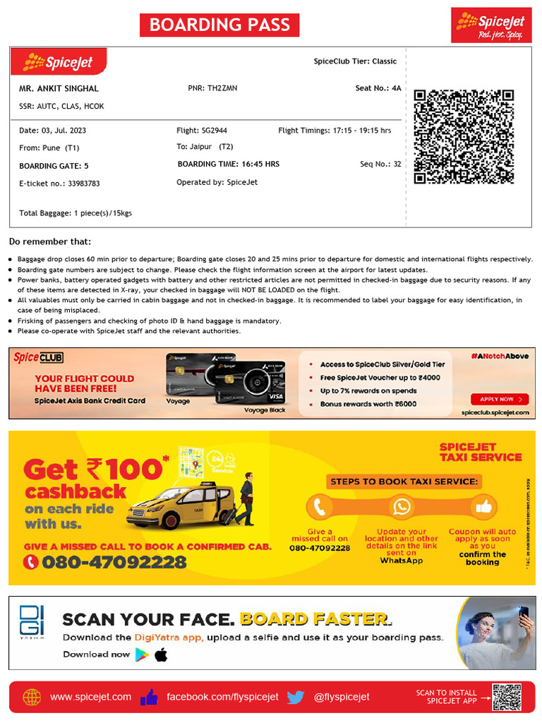 Print Boarding Pass PNR TH2ZMN 03 Jul 2023 Pune To Jaipur For MR. ANKIT SINGHAL | PDF