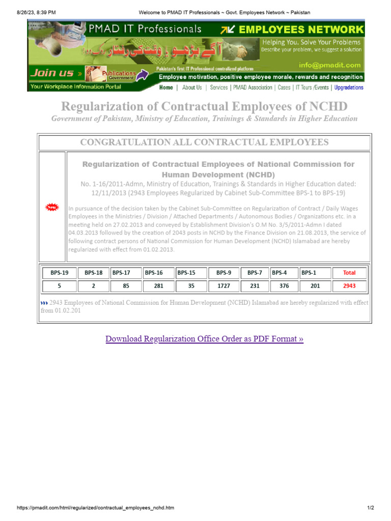 Regularization of Contractual Employess Order | PDF | Pakistan | Government Of Pakistan