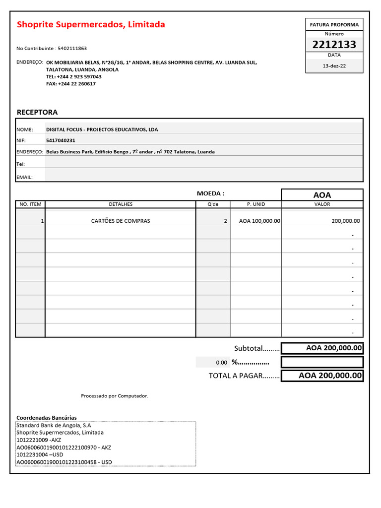 Shoprite Supermercados Proforma N 2212133 | PDF