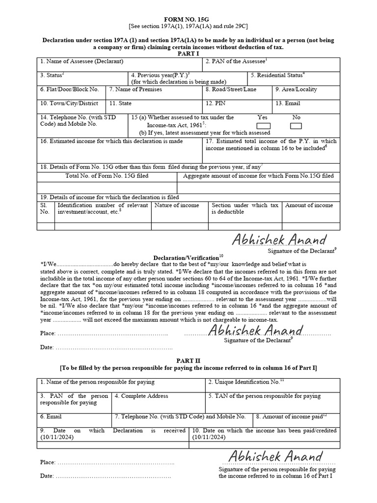 Form No. 15G Tax Declaration Guide | PDF | Income Tax | Taxation
