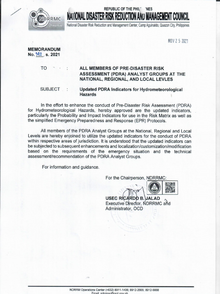 NDRRMC Memorandum No 142 S 2021 | PDF