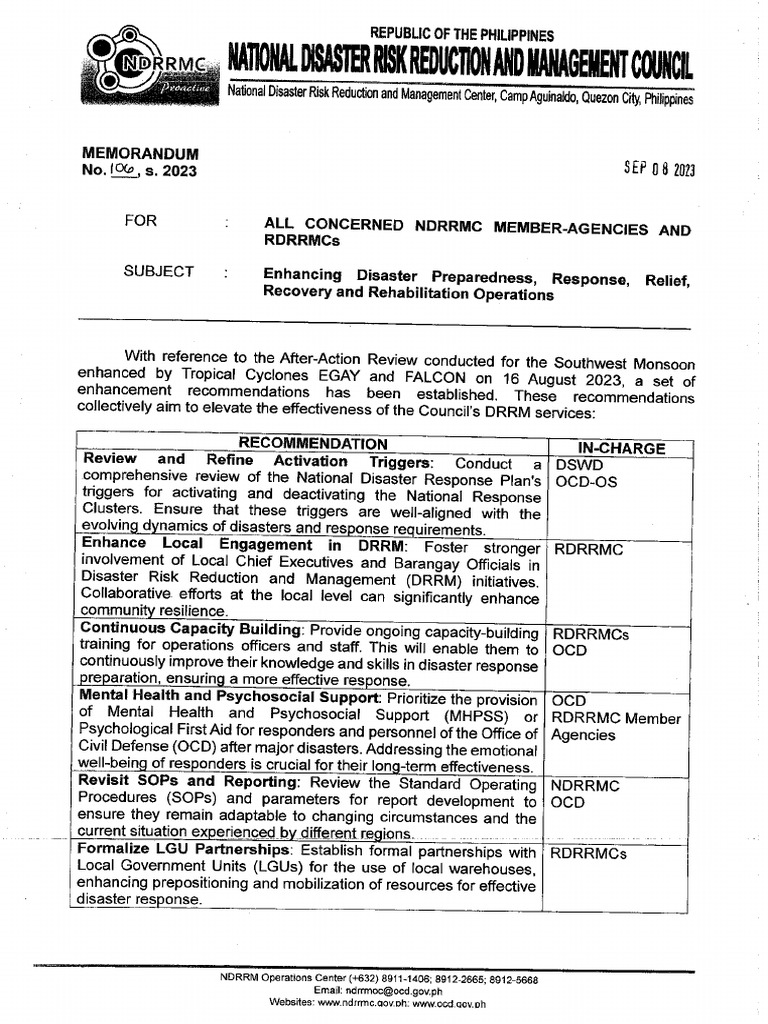NDRRMC Memorandum No 106 S 2023 | PDF