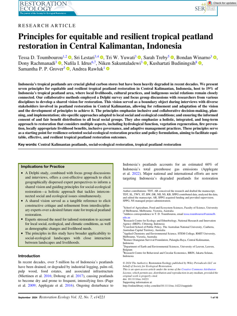 Restoration Ecology - 2024 - Toumbourou - Principles For Equitable and ...