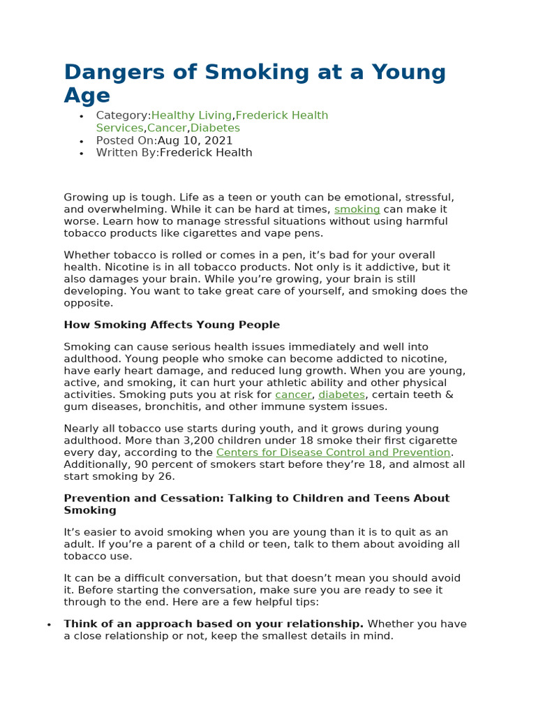 Dangers of Smoking at A Young Age | PDF | Smoking | Tobacco Smoking