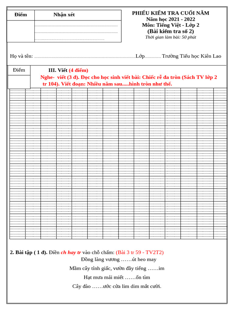 2C T. VIỆT BÀI SỐ 2 | PDF