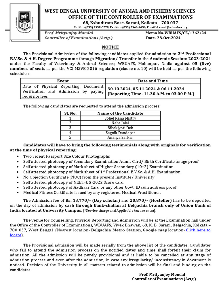 Admission Notice - Reporting | PDF