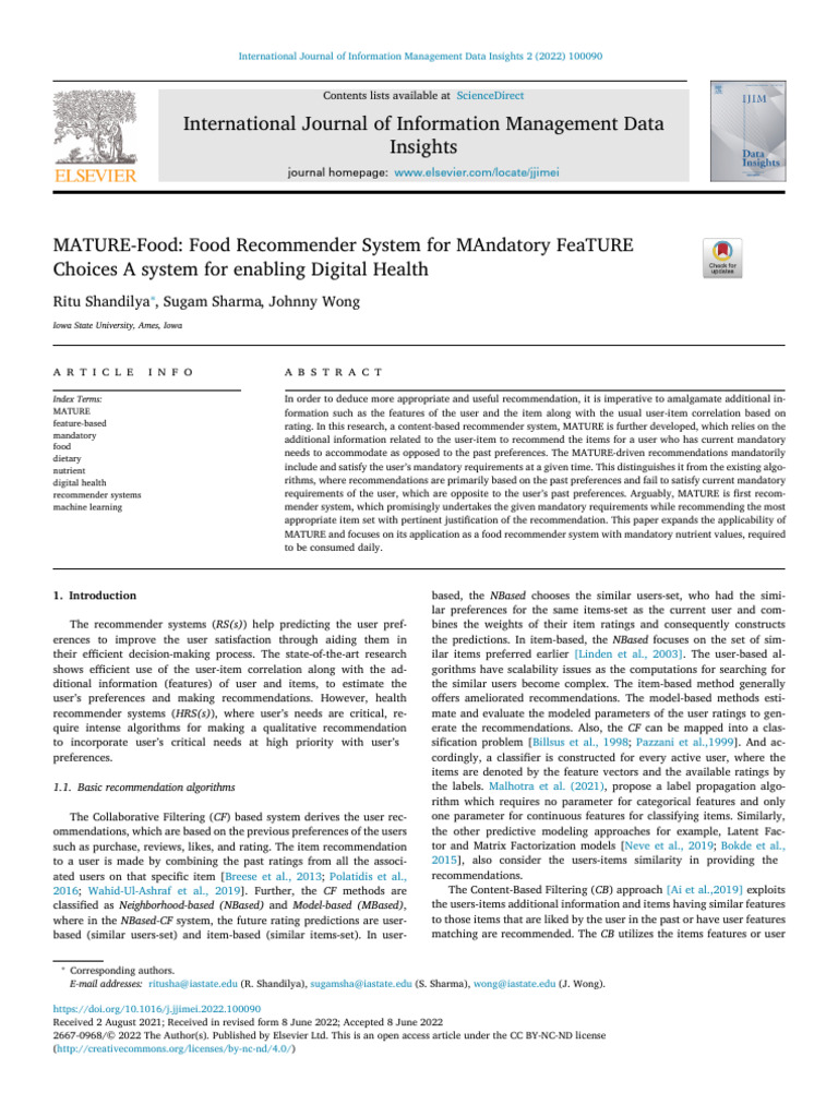 MATURE-Food Food Recommender System For MAndatory FeaTURE | PDF | Nutrients