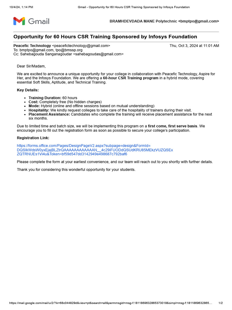 Gmail - Opportunity For 60 Hours CSR Training Sponsored by Infosys ...
