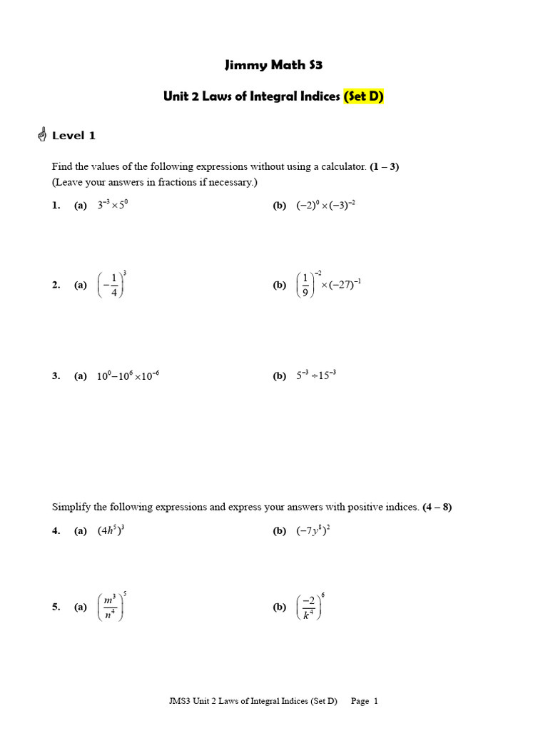 JMS3 Unit02 Laws of Integral Indices (SetD) (HW07 Sol) | PDF ...