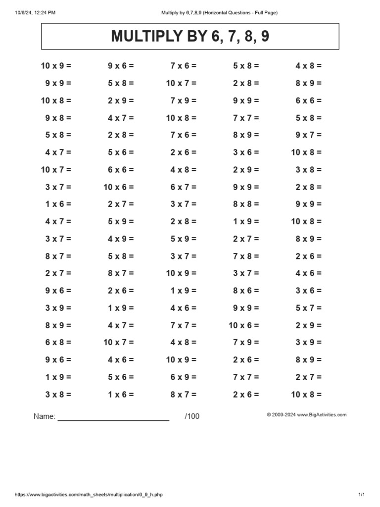 Multiply by 6, 7, 8, 9 Worksheets | PDF