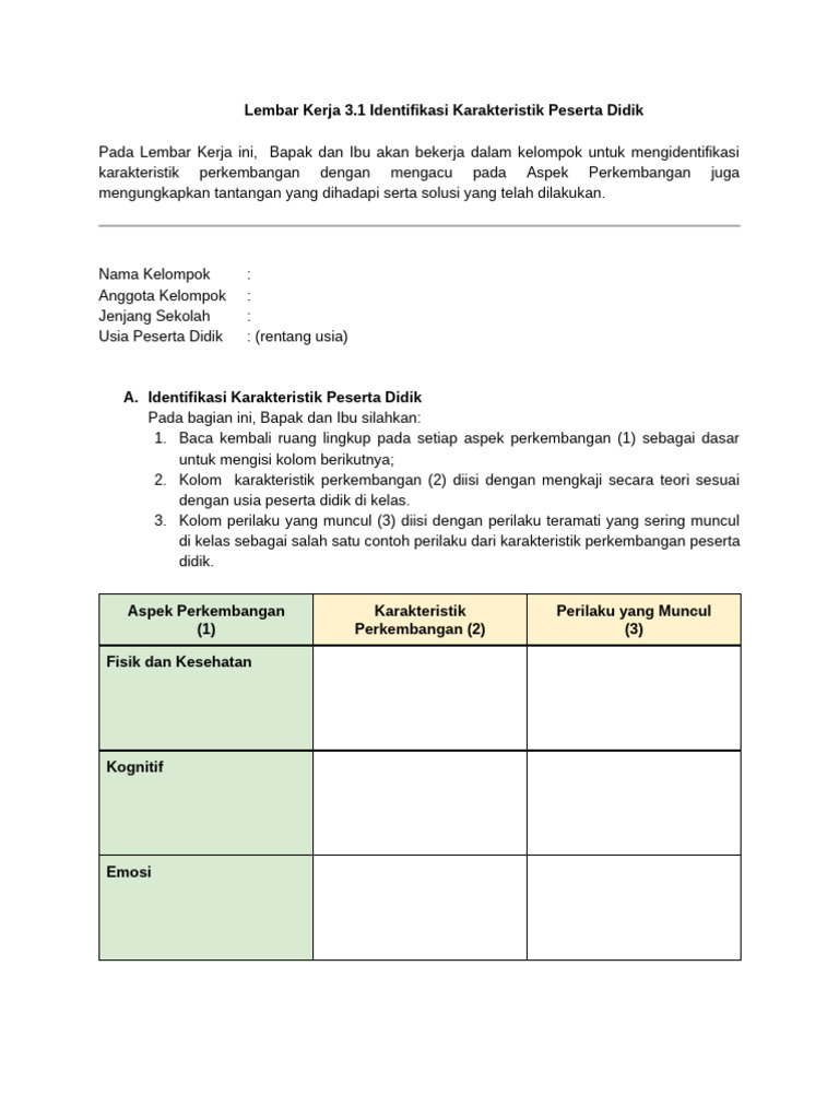 Lembar Kerja 3.1 Identifikasi Karakteristik Peserta Didik | PDF