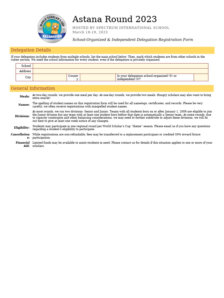 WSC Astana Round Registration Form 2023 | PDF