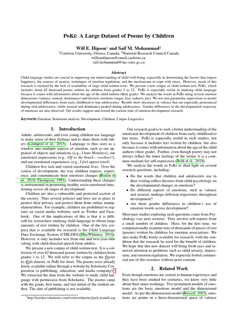 A Large Dataset of Poems by Children | PDF | Emotions | Psychological ...