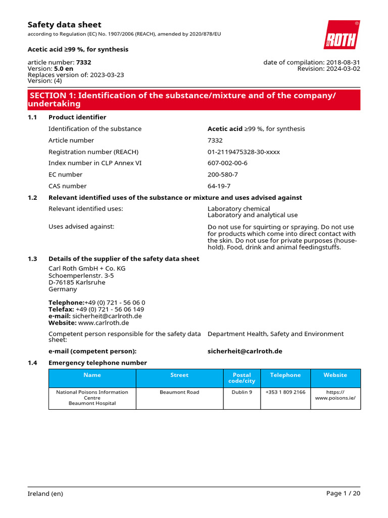 Safety Data Sheets For Acetic Acid | PDF | Dangerous Goods | Toxicity