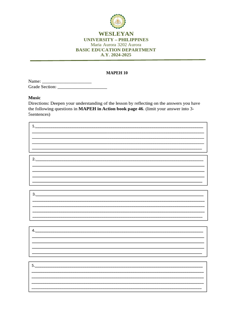 MAPEH 10 Activity Worksheet | PDF