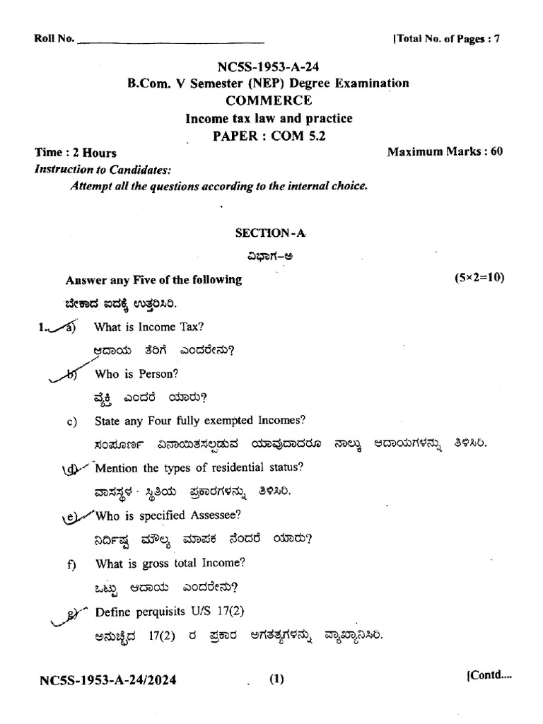 Bcom 5 Sem Commerce Income Tax Law and Practice Nc5s 1953 A 2024 | PDF