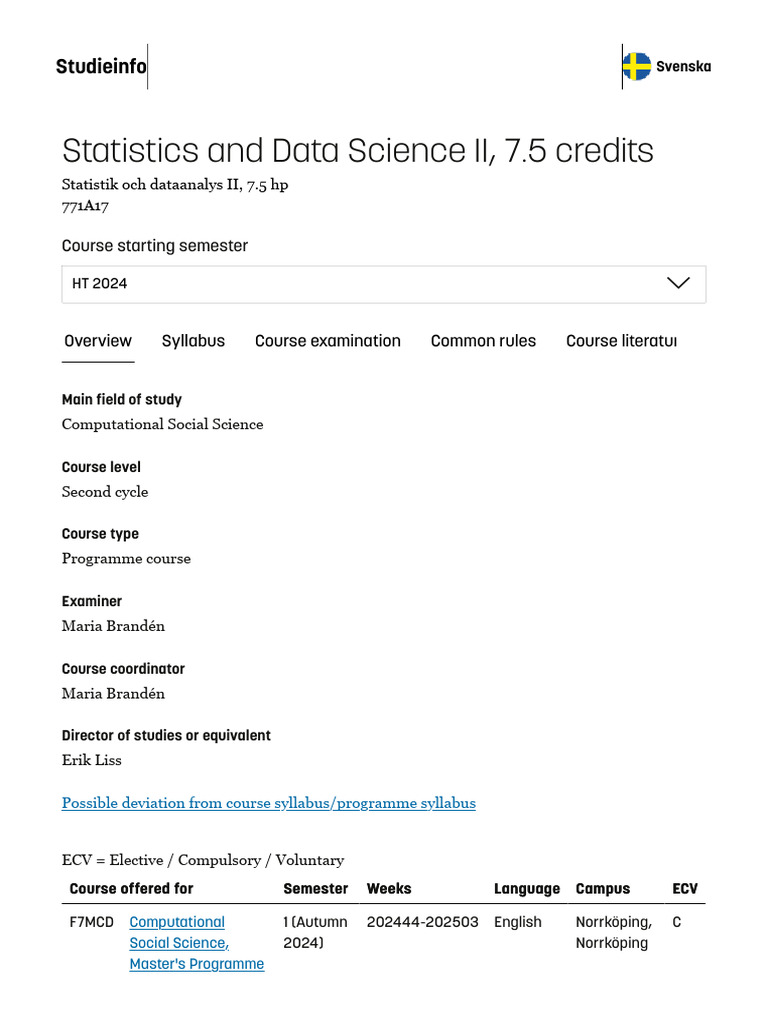 771A17 Statistics and Data Science II - Studieinfo, Linköpings Universitet | PDF | Language Arts ...