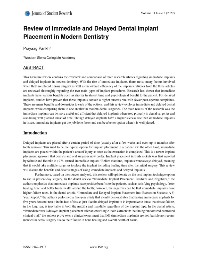 Review of Immediate and Delayed Dental Implant Pla | PDF | Dental ...