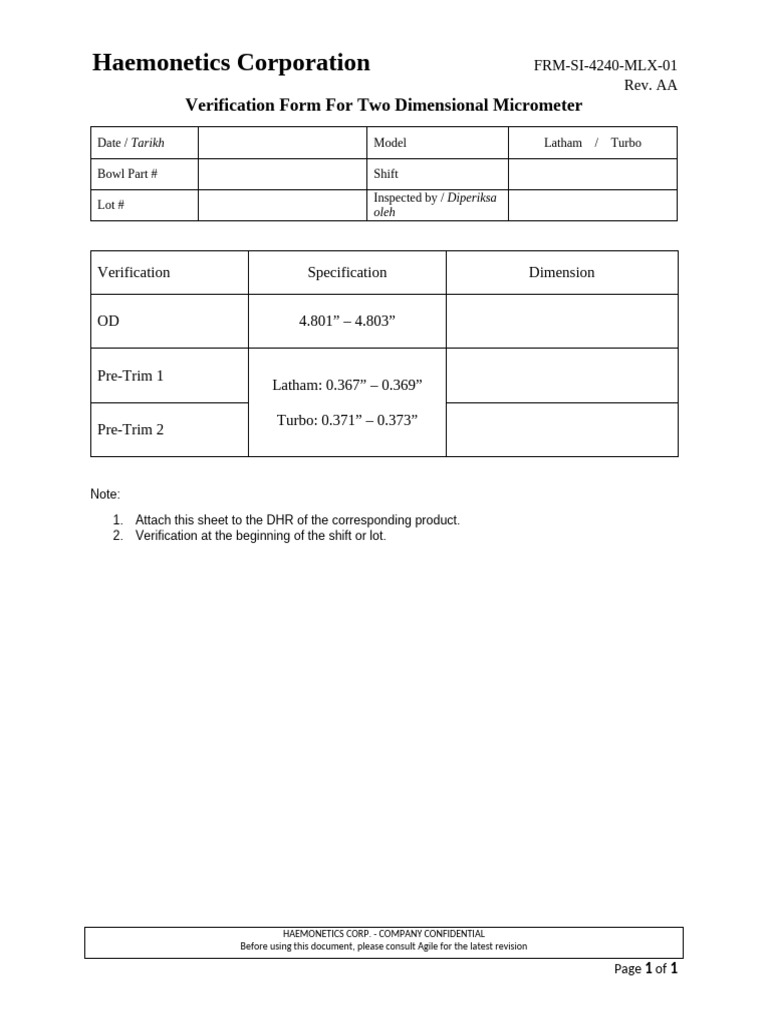 Two-Dimensional Micrometer Verification Form | PDF