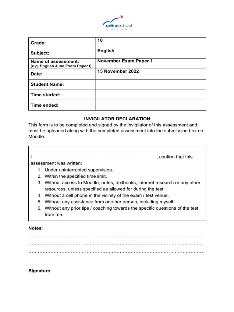 Grade 10 English Paper 1 November Exam FINAL | PDF | Human ...