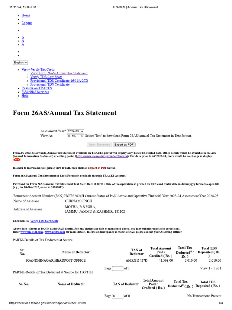 View Form 26AS Annual Tax Statement | PDF | Personal Finance ...