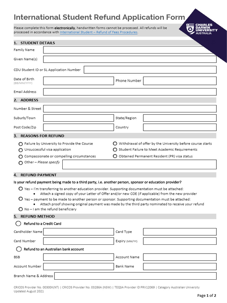 International Student Refund Form | PDF | Credit Card | Payments