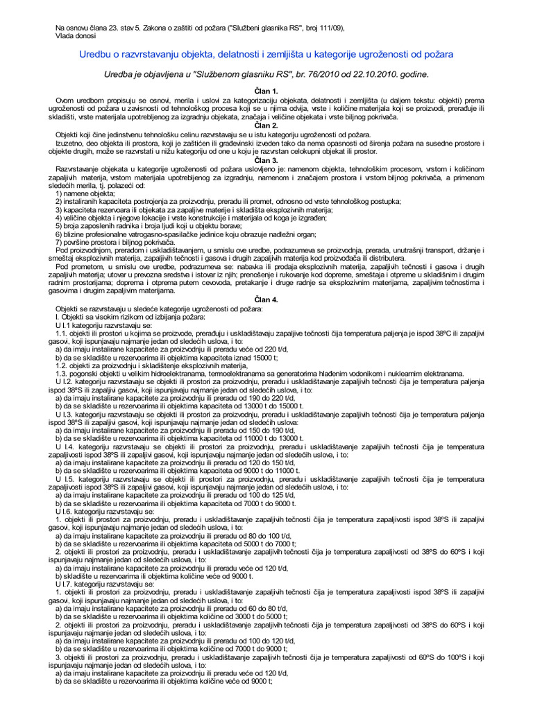 Uredbu o Razvrstavanju Objekta Delatnosti I Zemljista U Kategorije Ugrozenosti Od Pozara | PDF